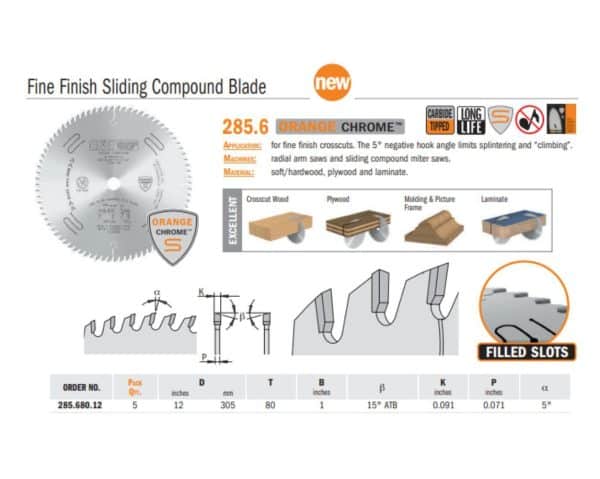 CMT Orange Tools Chrome Fine Finish Sliding Compound Saw Blades