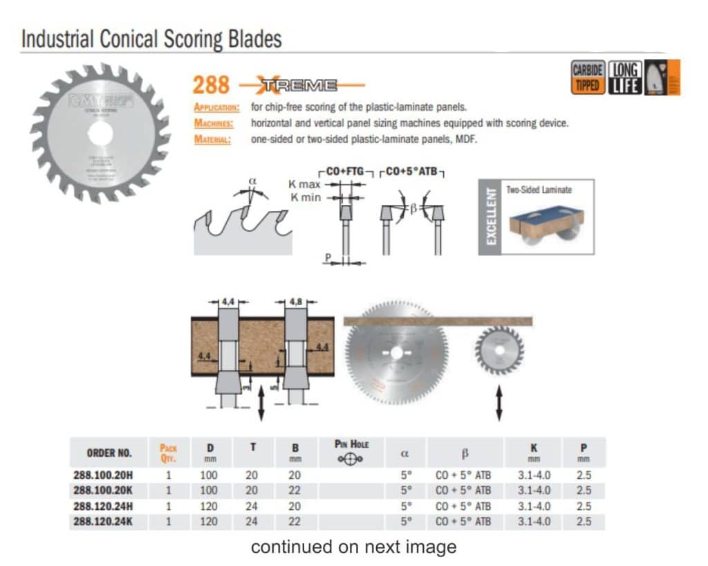CMT Orange Tools Chrome Industrial Conical Scoring Saw Blades