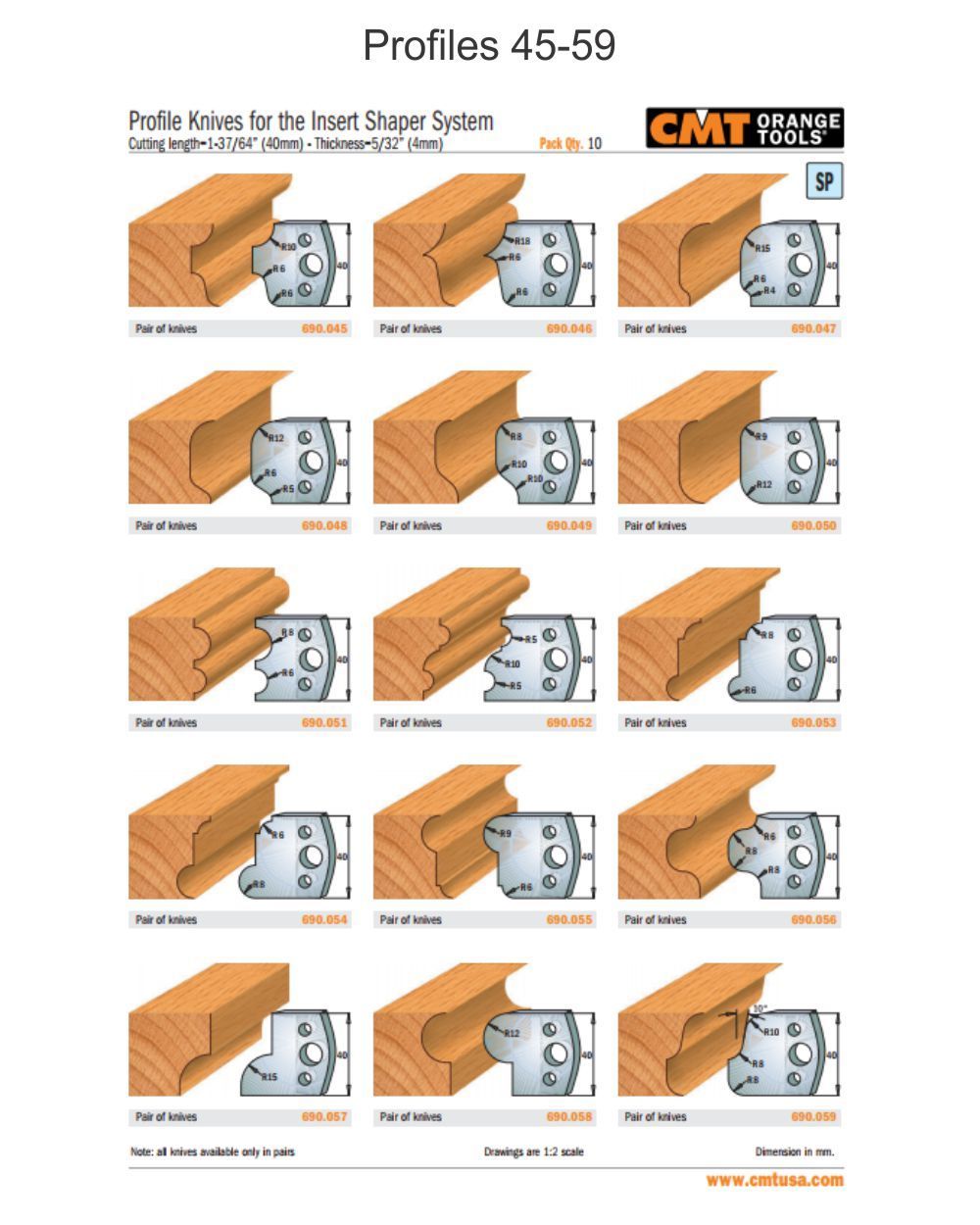 CMT Orange Tools Profile Knives for Insert Shaper Heads (Profiles 1-99)